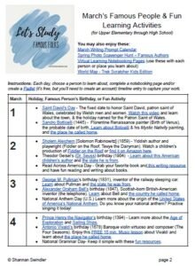 Famous Person Research Project Resources - March Calendar